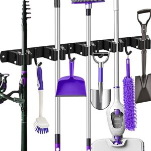 nisuam broom and mop holder wall mount with 5 slots 4 hooks, broom hanger self adhesive, black matte garage rack & tool organizer, home storage shelving for closet door,cabinet,lanudry