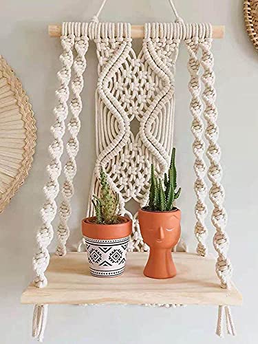 JnnRain Macrame Shelf Macrame Wall Hanging Shelf Beige Macrame Hanging Shelves White Macrame Wall Shelf Decor Plants Wall Shelf Home Decor