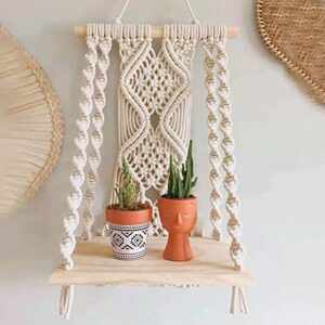 JnnRain Macrame Shelf Macrame Wall Hanging Shelf Beige Macrame Hanging Shelves White Macrame Wall Shelf Decor Plants Wall Shelf Home Decor