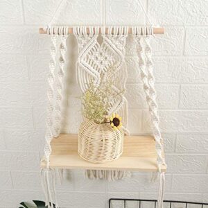 JnnRain Macrame Shelf Macrame Wall Hanging Shelf Beige Macrame Hanging Shelves White Macrame Wall Shelf Decor Plants Wall Shelf Home Decor