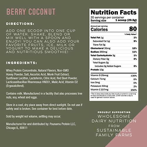 Pounamu Immune Defense Berry Coconut Protein Powder Blend | Grass-Fed, Free-Range New Zealand Whey Protein + Lactoferrin + Probiotics + Vitamins C & D for Immune and Digestive Health 14.4OZ