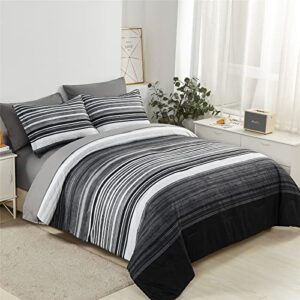 kakijumn 7 piece bed in a bag stripe comforter set queen size, white grey black patchwork striped comforter and sheet set, all season soft microfiber complete bedding sets(grey,queen)