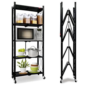 5-shelf foldable storage shelves with wheels, large capacity shelving unit, freestanding metal wire shelf rack, no assembly organizer rack for garage kitchen, basement, pantry, heavy duty