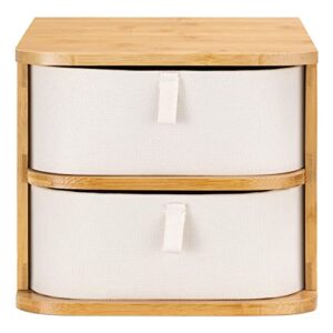 Navaris Makeup Storage Drawers - Bamboo Organizer and Cream Colored Fabric Trays - 2-Tier Drawer Unit for Bathroom, Vanity Table - 9" x 6.9" x 5.9"