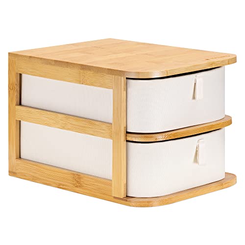 Navaris Makeup Storage Drawers - Bamboo Organizer and Cream Colored Fabric Trays - 2-Tier Drawer Unit for Bathroom, Vanity Table - 9" x 6.9" x 5.9"