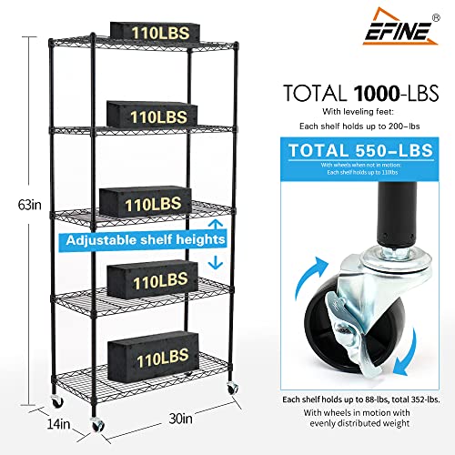 5-Shelf Shelving Units and Storage on Wheels with 5-Shelf Liners, NSF Certified, Adjustable Carbon Steel Wire Shelving Unit Rack for Garage, Kitchen, Office, Black (63H X 30W X 14D)