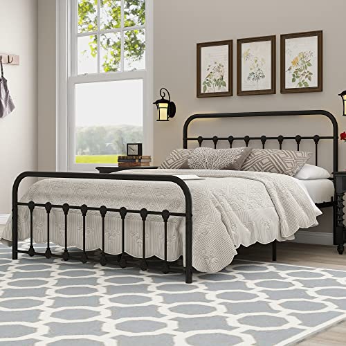 AUFANK Queen Metal Bed Frame with Headboard and Footboard Vintage Victorian Style Mattress Foundation Solid Sturdy Metal Slat No Box Spring Required Black