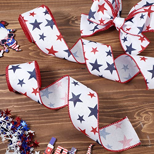 2 Rolls Stars Wired Edge Ribbon 4th of July Red White Blue Ribbon Independence Day Flag Day Ribbon for Wreaths 2.5 Inch Patriotic Fabric Ribbons for DIY Independence Day Party Decorations, 20 Yards