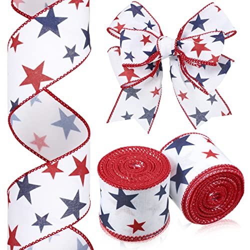 2 Rolls Stars Wired Edge Ribbon 4th of July Red White Blue Ribbon Independence Day Flag Day Ribbon for Wreaths 2.5 Inch Patriotic Fabric Ribbons for DIY Independence Day Party Decorations, 20 Yards