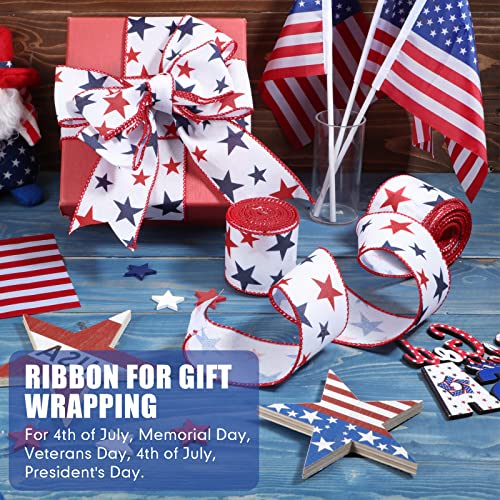 2 Rolls Stars Wired Edge Ribbon 4th of July Red White Blue Ribbon Independence Day Flag Day Ribbon for Wreaths 2.5 Inch Patriotic Fabric Ribbons for DIY Independence Day Party Decorations, 20 Yards