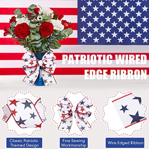 2 Rolls Stars Wired Edge Ribbon 4th of July Red White Blue Ribbon Independence Day Flag Day Ribbon for Wreaths 2.5 Inch Patriotic Fabric Ribbons for DIY Independence Day Party Decorations, 20 Yards