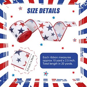 2 Rolls Stars Wired Edge Ribbon 4th of July Red White Blue Ribbon Independence Day Flag Day Ribbon for Wreaths 2.5 Inch Patriotic Fabric Ribbons for DIY Independence Day Party Decorations, 20 Yards