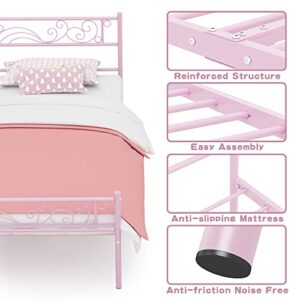 Weehom Twin Bed Frames Metal Platform Heavy Duty Steel Slat Under Bed Storage for Kids Pink