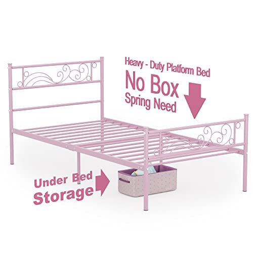 Weehom Twin Bed Frames Metal Platform Heavy Duty Steel Slat Under Bed Storage for Kids Pink