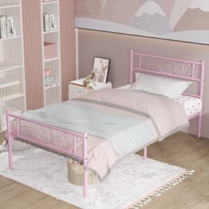 Weehom Twin Bed Frames Metal Platform Heavy Duty Steel Slat Under Bed Storage for Kids Pink