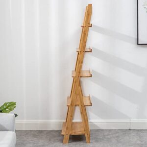 Maydear Bamboo Ladder Shelf, 5-Tier Trapezoid Bookshelf, Storage Rack Shelves, Wall Shelf Flower Stand, for Living Room, Kitchen, Office, Balcony - Wood Color