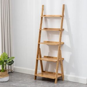 Maydear Bamboo Ladder Shelf, 5-Tier Trapezoid Bookshelf, Storage Rack Shelves, Wall Shelf Flower Stand, for Living Room, Kitchen, Office, Balcony - Wood Color