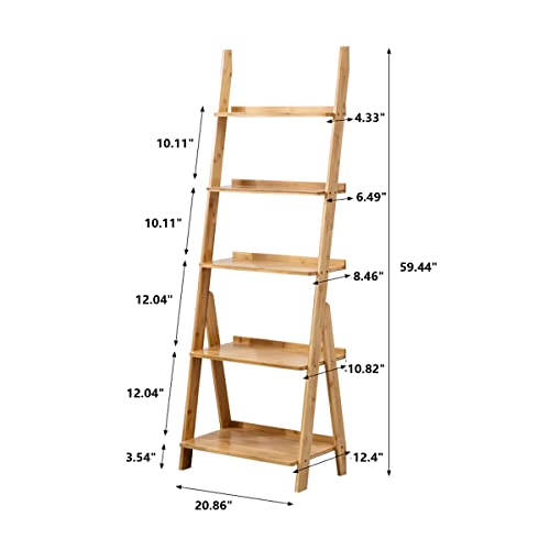 Maydear Bamboo Ladder Shelf, 5-Tier Trapezoid Bookshelf, Storage Rack Shelves, Wall Shelf Flower Stand, for Living Room, Kitchen, Office, Balcony - Wood Color