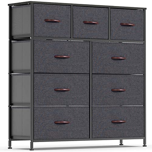 DHMAKER Fabric Dresser for Bedroom, Vertical Storage Tower with 9 Drawers for Nursery, Entryway, Closets, Organizer Unit with Steel Frame, Wood Top, Easy Pull Textured Fabric Bins - Dark Indigo