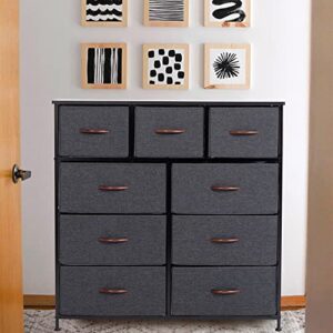 DHMAKER Fabric Dresser for Bedroom, Vertical Storage Tower with 9 Drawers for Nursery, Entryway, Closets, Organizer Unit with Steel Frame, Wood Top, Easy Pull Textured Fabric Bins - Dark Indigo