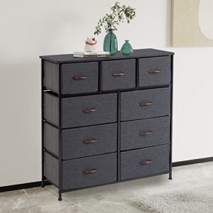 DHMAKER Fabric Dresser for Bedroom, Vertical Storage Tower with 9 Drawers for Nursery, Entryway, Closets, Organizer Unit with Steel Frame, Wood Top, Easy Pull Textured Fabric Bins - Dark Indigo