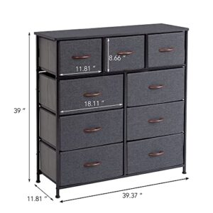 DHMAKER Fabric Dresser for Bedroom, Vertical Storage Tower with 9 Drawers for Nursery, Entryway, Closets, Organizer Unit with Steel Frame, Wood Top, Easy Pull Textured Fabric Bins - Dark Indigo