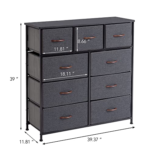 DHMAKER Fabric Dresser for Bedroom, Vertical Storage Tower with 9 Drawers for Nursery, Entryway, Closets, Organizer Unit with Steel Frame, Wood Top, Easy Pull Textured Fabric Bins - Dark Indigo