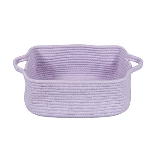 Woven Cotton Rope Storage Basket with Handles for Organizing Shelves Closet Small Cat Dog Pet Toy Basket Box Bin Decorative Rectangle Baby Nursery Basket Gift Basket Empty(Light Purple)