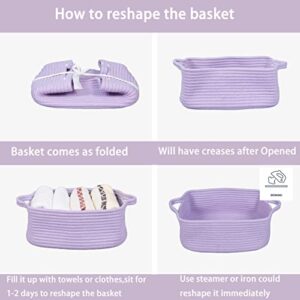 Woven Cotton Rope Storage Basket with Handles for Organizing Shelves Closet Small Cat Dog Pet Toy Basket Box Bin Decorative Rectangle Baby Nursery Basket Gift Basket Empty(Light Purple)