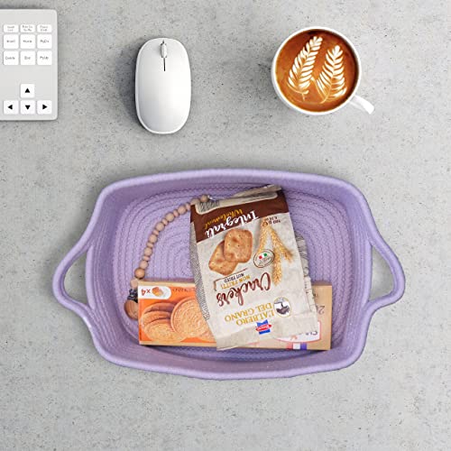 Woven Cotton Rope Storage Basket with Handles for Organizing Shelves Closet Small Cat Dog Pet Toy Basket Box Bin Decorative Rectangle Baby Nursery Basket Gift Basket Empty(Light Purple)