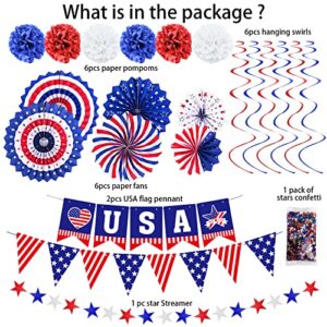 Patriotic Birthday Party Decorations Red White and Blue Birthday Decorations with Patriotic Balloons Happy Birthday Banner Paper Pompoms Star Streamer for American Theme 4th of July Party Decor (B)