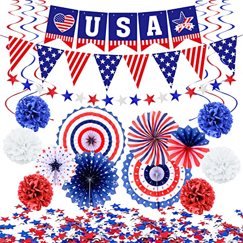 Patriotic Birthday Party Decorations Red White and Blue Birthday Decorations with Patriotic Balloons Happy Birthday Banner Paper Pompoms Star Streamer for American Theme 4th of July Party Decor (B)