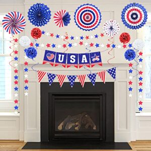 Patriotic Birthday Party Decorations Red White and Blue Birthday Decorations with Patriotic Balloons Happy Birthday Banner Paper Pompoms Star Streamer for American Theme 4th of July Party Decor (B)