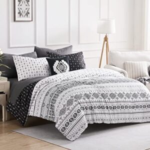 Geniospin Boho Queen Comforter Set, Boho Bed in a Bag 8-Pieces Bedding Set, Reversible Aztec Pattern, Design with Soft Microfiber, Lightweight, Warm and Breathable (White and Black, 90x90 Inches)