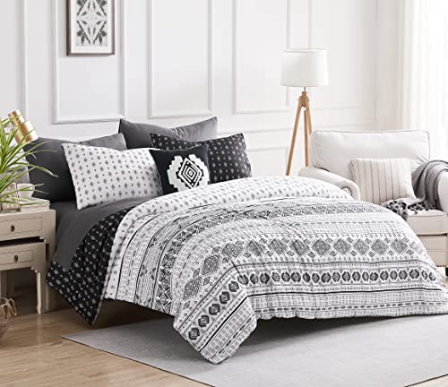 Geniospin Boho Queen Comforter Set, Boho Bed in a Bag 8-Pieces Bedding Set, Reversible Aztec Pattern, Design with Soft Microfiber, Lightweight, Warm and Breathable (White and Black, 90x90 Inches)