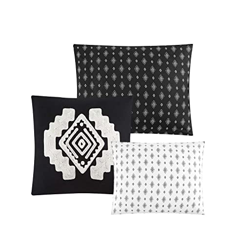 Geniospin Boho Queen Comforter Set, Boho Bed in a Bag 8-Pieces Bedding Set, Reversible Aztec Pattern, Design with Soft Microfiber, Lightweight, Warm and Breathable (White and Black, 90x90 Inches)