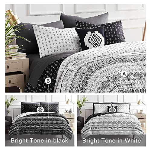 Geniospin Boho Queen Comforter Set, Boho Bed in a Bag 8-Pieces Bedding Set, Reversible Aztec Pattern, Design with Soft Microfiber, Lightweight, Warm and Breathable (White and Black, 90x90 Inches)