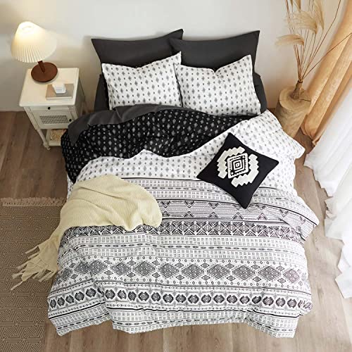 Geniospin Boho Queen Comforter Set, Boho Bed in a Bag 8-Pieces Bedding Set, Reversible Aztec Pattern, Design with Soft Microfiber, Lightweight, Warm and Breathable (White and Black, 90x90 Inches)