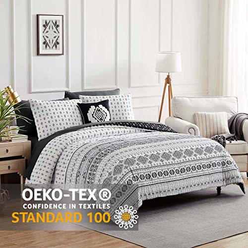 Geniospin Boho Queen Comforter Set, Boho Bed in a Bag 8-Pieces Bedding Set, Reversible Aztec Pattern, Design with Soft Microfiber, Lightweight, Warm and Breathable (White and Black, 90x90 Inches)