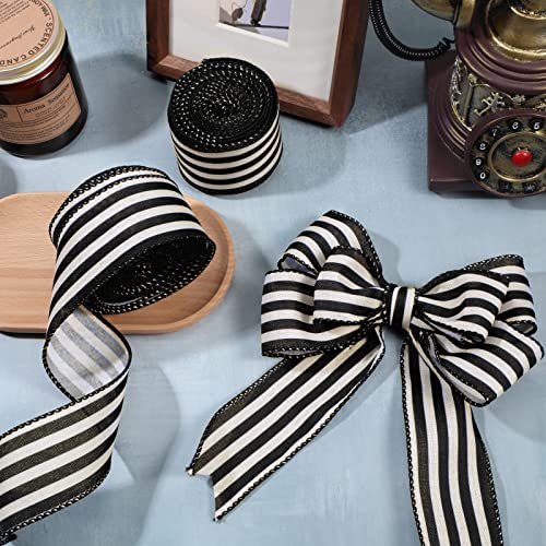 2 Rolls 20 Yard Black and White Stripes Wired Edge Ribbon Rustic Ivory Ribbon Boho Ribbon for DIY Crafts Home Decor Gift Wrapping Bow Wreath Making Christmas Wedding Party Decorations (2 Inch)