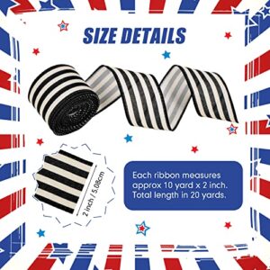 2 Rolls 20 Yard Black and White Stripes Wired Edge Ribbon Rustic Ivory Ribbon Boho Ribbon for DIY Crafts Home Decor Gift Wrapping Bow Wreath Making Christmas Wedding Party Decorations (2 Inch)