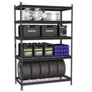 workpro 5-tier metal storage shelving unit, 48”w x 24”d x 72”h, adjustable storage rack heavy duty shelf, 4000 lbs load capacity (total), for garage, kitchen, bathroom, warehouse, black/sliver