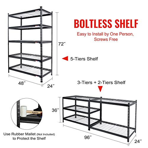 WORKPRO 5-Tier Metal Storage Shelving Unit, 48”W x 24”D x 72”H, Adjustable Storage Rack Heavy Duty Shelf, 4000 lbs Load Capacity (Total), for Garage, Kitchen, Bathroom, Warehouse, Black/Sliver