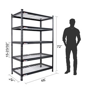 WORKPRO 5-Tier Metal Storage Shelving Unit, 48”W x 24”D x 72”H, Adjustable Storage Rack Heavy Duty Shelf, 4000 lbs Load Capacity (Total), for Garage, Kitchen, Bathroom, Warehouse, Black/Sliver