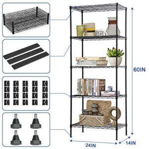 5-Tier Storage Shelves Wire Shelving Unit Large Metal Shelf 60”x24”x14” 750 LBS Capacity NSF Certified Utility Steel Organizer Wire Rack for Kitchen Garage Pantry Laundry Bathroom Closet,Black