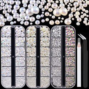 4000pcs flatback rhinestones and half round pearls kit #1, multi size glass clear & ab crystals, plastic flat back white ab & beige ab dome bead with pickup pencil and tweezer for nail art