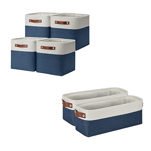 DULLEMELO Collapsible Bundle Baskets 4 Cube Baskets 11"x11"x11" + 2 Narrow Baskets 15"x6"x5.5"（White&Blue