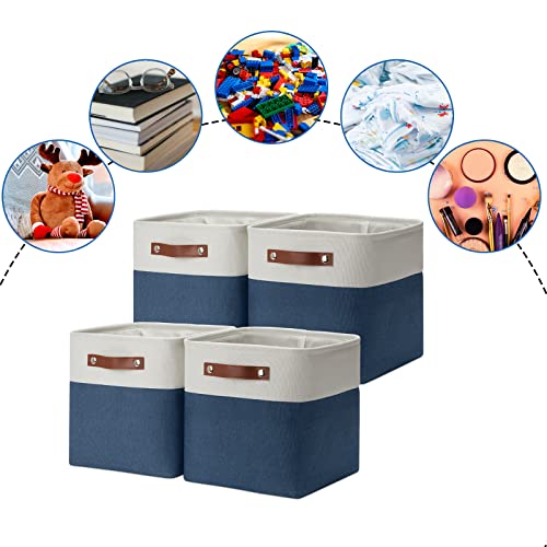 DULLEMELO Collapsible Bundle Baskets 4 Cube Baskets 11"x11"x11" + 2 Narrow Baskets 15"x6"x5.5"（White&Blue