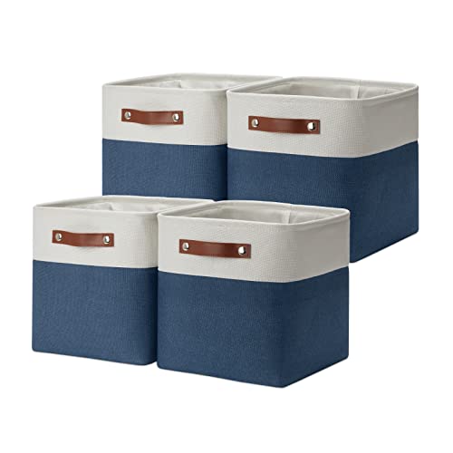 DULLEMELO Collapsible Bundle Baskets 4 Cube Baskets 11"x11"x11" + 2 Narrow Baskets 15"x6"x5.5"（White&Blue