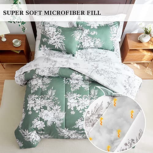 FlySheep Floral Bed in a Bag Queen Size 7 Pieces, White and Emerald Green Botanical Reversible Comforter Bedding Set(1 Comforter, 1 Flat Sheet, 1 Fitted Sheet, 2 Pillow Shams, 2 Pillowcases)